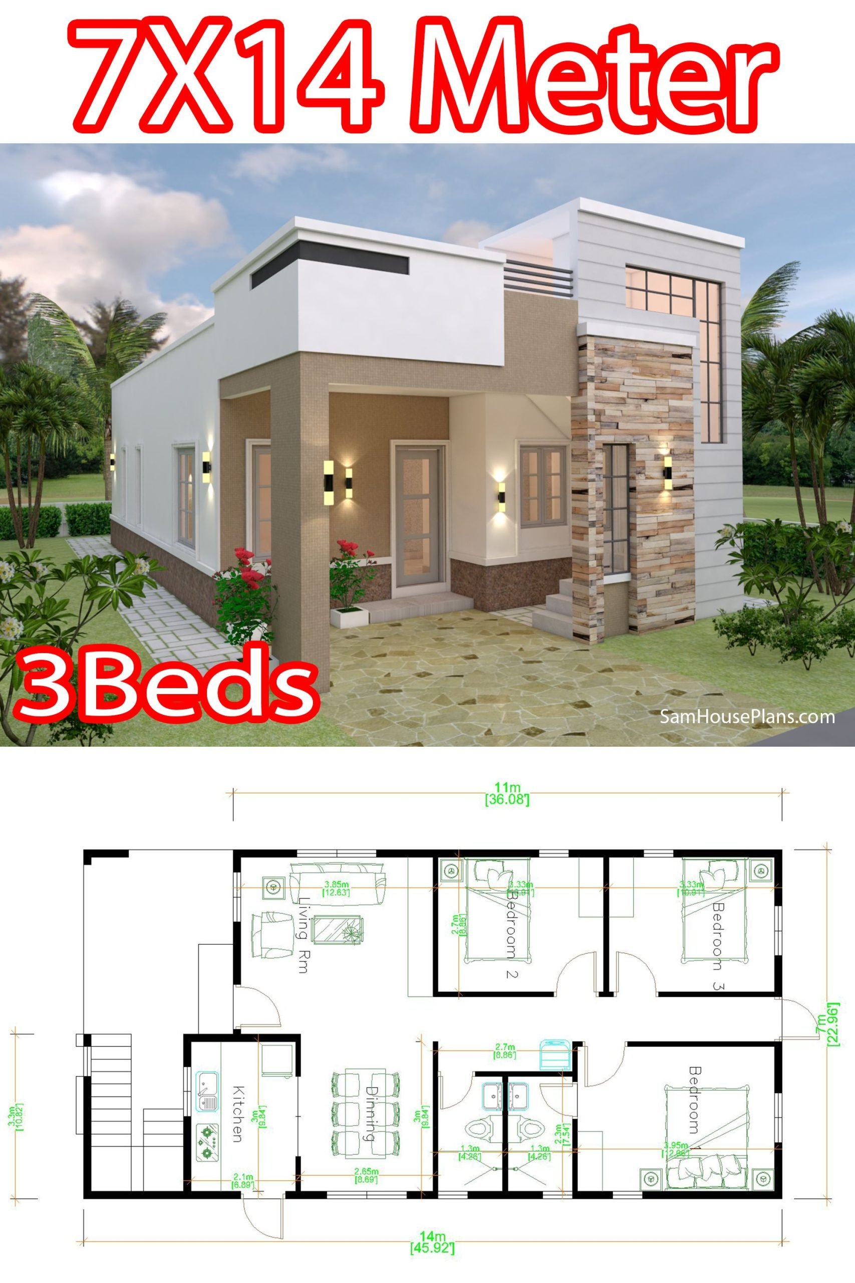 7 x 14 M Modern Small House Design With 3 Bedroom and Balcony ...